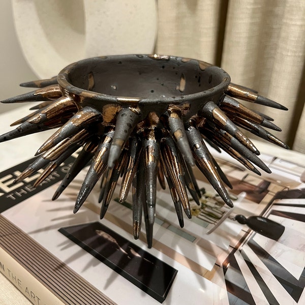 Eclectic Black Ceramic Steampunk Bowl, Bronzed Pottery Table ...