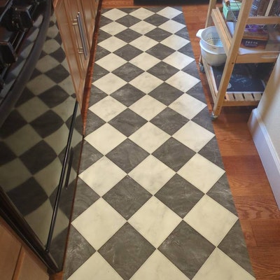 Checkerboard Vinyl Runner Rug in Black and White Marble Tile Design for ...