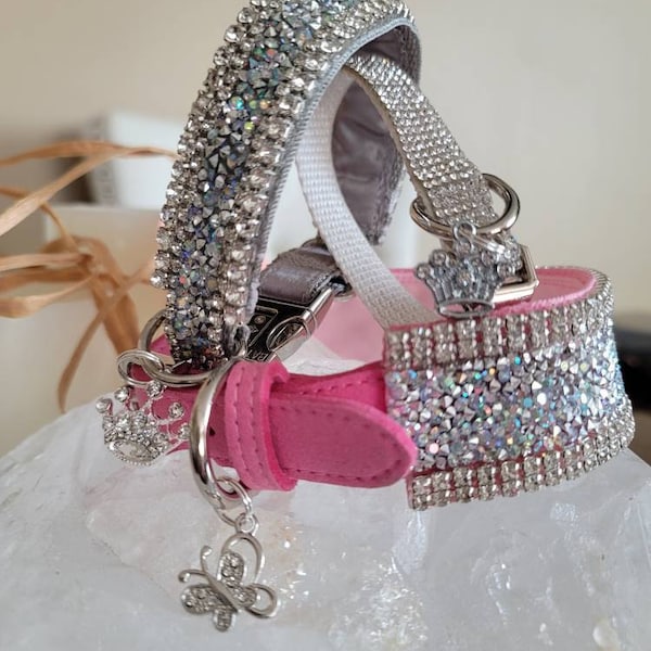 Real Rhinestone Bling Dog Collar 1" Grey Satin Four Sparkling Rows of ...