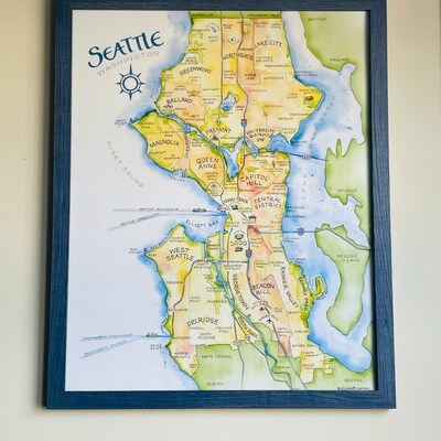 Seattle Map Watercolor Illustration Puget Sound Neighborhood Map Alki ...