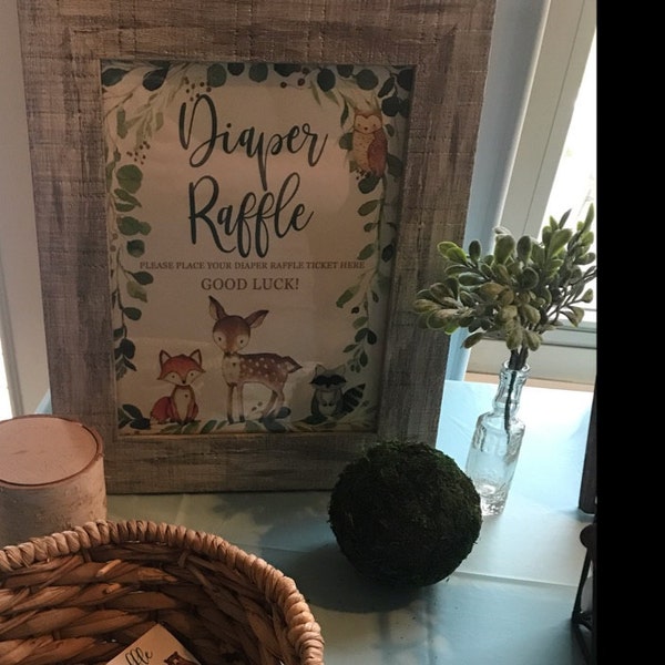 Woodland Diaper Raffle Sign, Greenery Woodland Animals Baby Shower ...