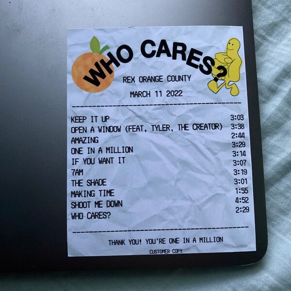 Rex Orange County Print Who Cares? Album List Receipt Die-cut ...