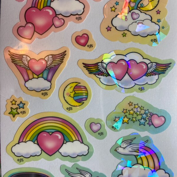 Holographic Rainbow Red Pink Heart Stickers, Cute Collectible Sticker ...