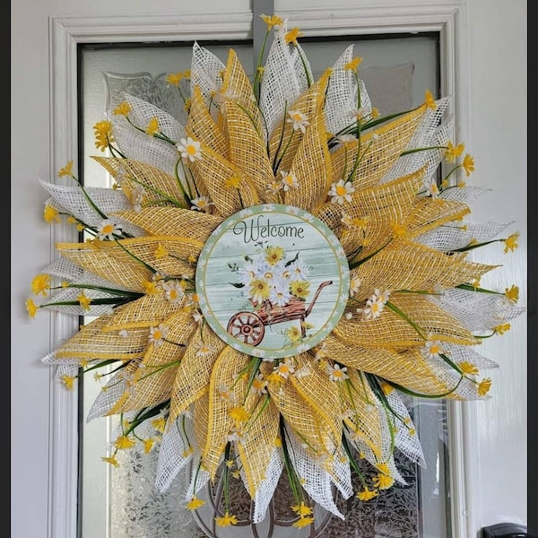 Daisy Wheelbarrow Welcome Round Aluminum Wreath Sign for Wreath Making ...