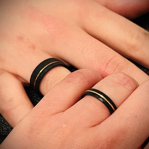 Black Wedding Rings for Men Women, 24K Rose Gold Faceted Wedding Bands ...