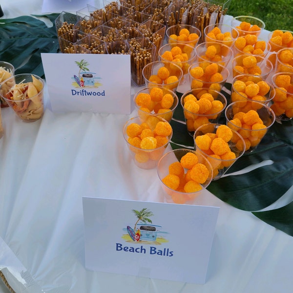 Beach Birthday Party Buffet Cards, Surf Themed Place Card Template ...