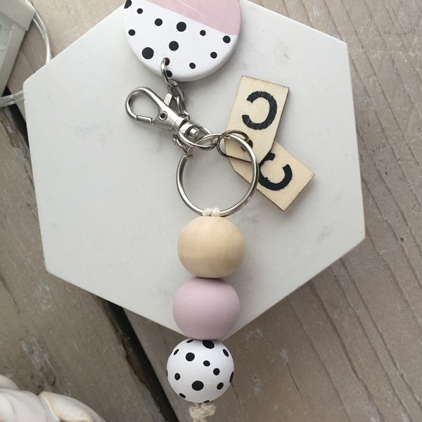 Dalmatian Print Handmade Wooden Beaded Keyring Set With Personalised Initial, Wooden Disc ...