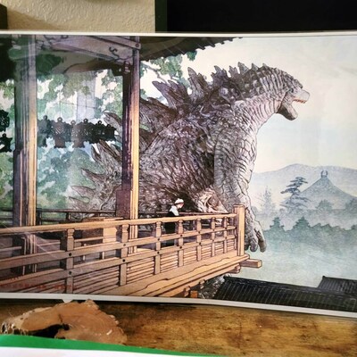 Godzilla Temple Japanese Woodblock Print - Etsy