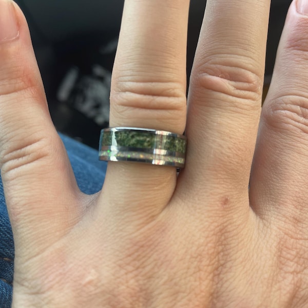 Moss Agate & Crushed Opal Mens 8mm Silver Tungsten Wedding Ring ...