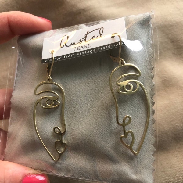 Gold Picasso Face Earrings: Brass Geometric Statement Jewelry - Etsy