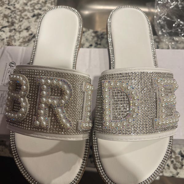 White Bride Pearl Rhinestone Slide Sandals | Bridal Shower Gift ...
