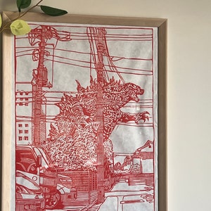 Handgemaakte GODZILLA Lino Cut Print Large DIN A2 Japan Movie Monster ...