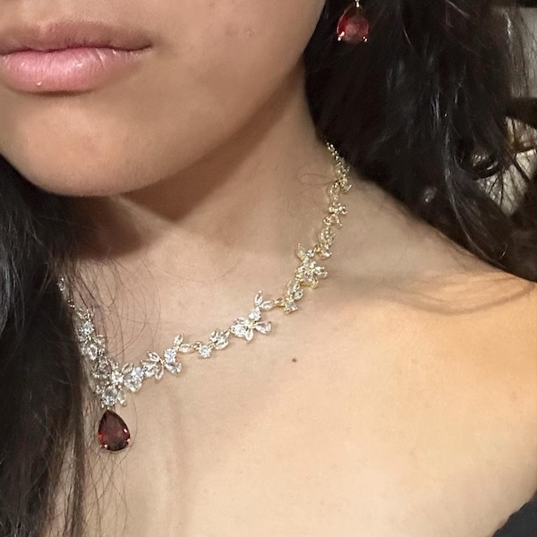 Red Bridal Jewelry Set, Burgundy Bridal Earrings, CZ Necklace, Bridal ...