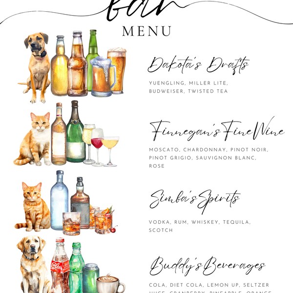 Signature Drink Sign With Dog, Bar Menu Template With Watercolor Drinks ...