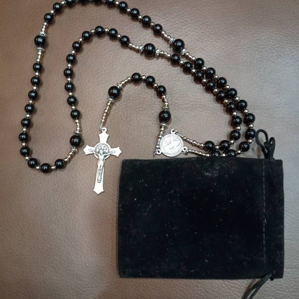 Mens BLACK Onyx 24" Rosary Papal Cross Ferula Catholic Necklace BLACK ...