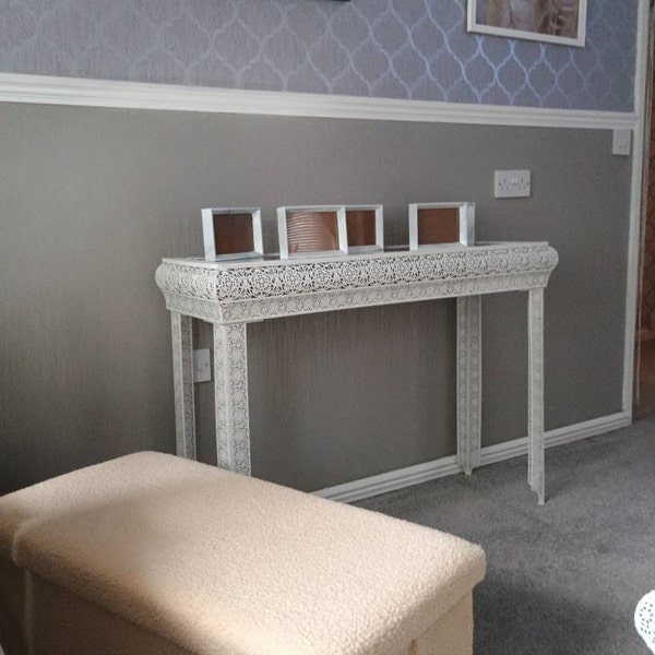 Silver Moroccan Embossed Metal Glass Console Side Hall Dressing Table ...