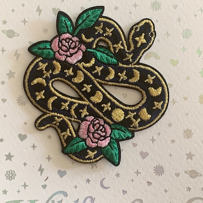 Snake & Moon Phases Patch Iron on Embroidered Patches for Jackets Celestial Serpent With Pink ...