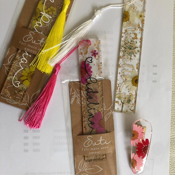 Marque page personnalisé en résine avec fleurs séchées - Fait main en ...