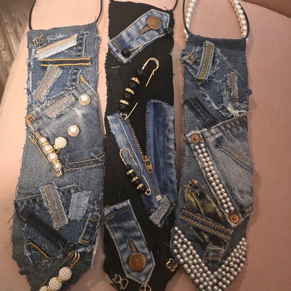 Distressed Denim Pearls Patchwork Necktie Necklace (as Shown or Similar Style - Please See All ...