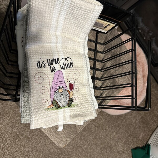 Time to Wine Gnome Embroidery Design, Wine Embroidery Design, Teatowel ...