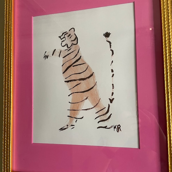 Framed Whimsical Tiger With Green Mat Print Tiger Art Print Tiger Art ...