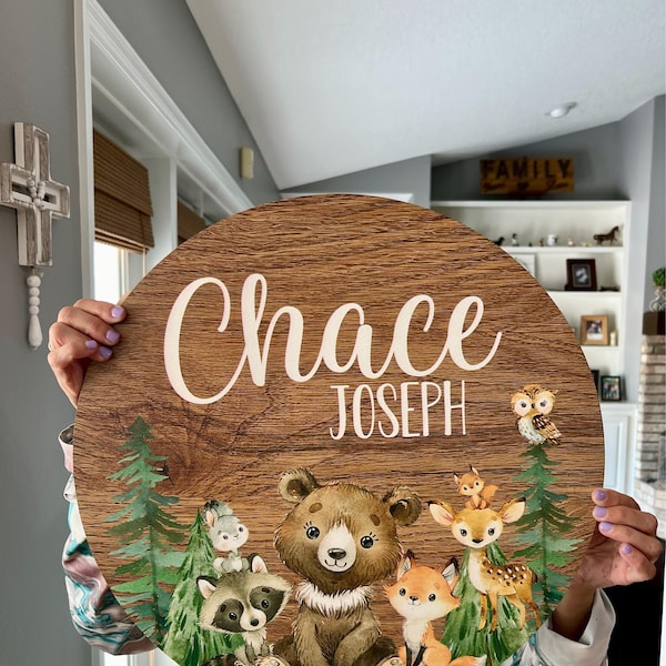Woodland Animal Name Sign, Woodland Nursery Baby Sign, Round Wood Name ...