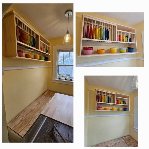 NEW* Split Shelf Cabinet Wall Counter Wood Plate Dish Rack Mugs Glasses ...