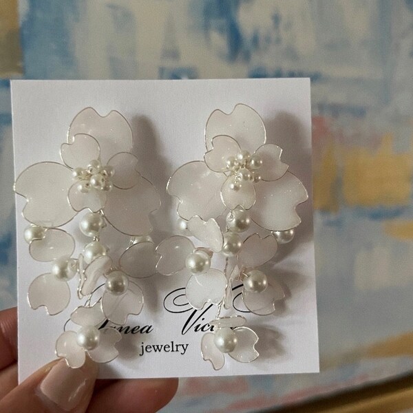 Floral Earrings, Floral Pearl Earrings, Floral Bridal Earrings, Pearl ...