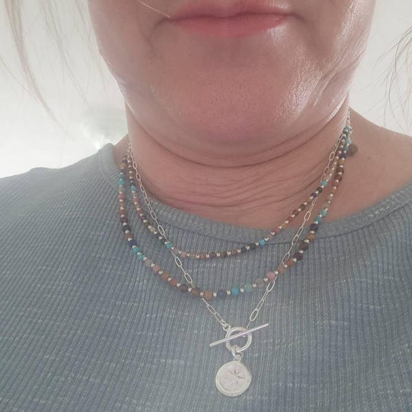 Silver Compass Necklace, Paperclip Chain Necklace With Toggle Closure ...