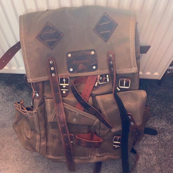 Camping Backpack Bushcraft Backpack Canvas-leather | Green-brown ...