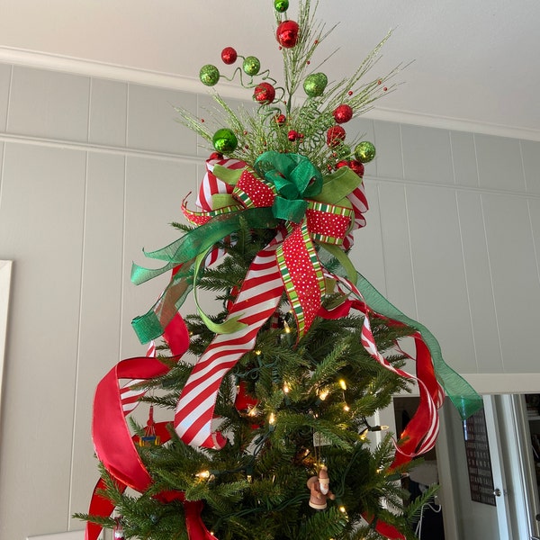 Whimsical Tree Topper, Red and Green Tree Topper, Christmas Tree Bow ...