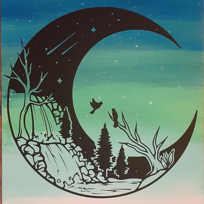 Waterfall on the Moon Svg, Crescent Moon Svg, Waterfall Scene Svg ...