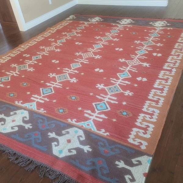 Wool and Jute Rug in Red Color, Handmade Kilim Dhurrie Rug, Traditional ...