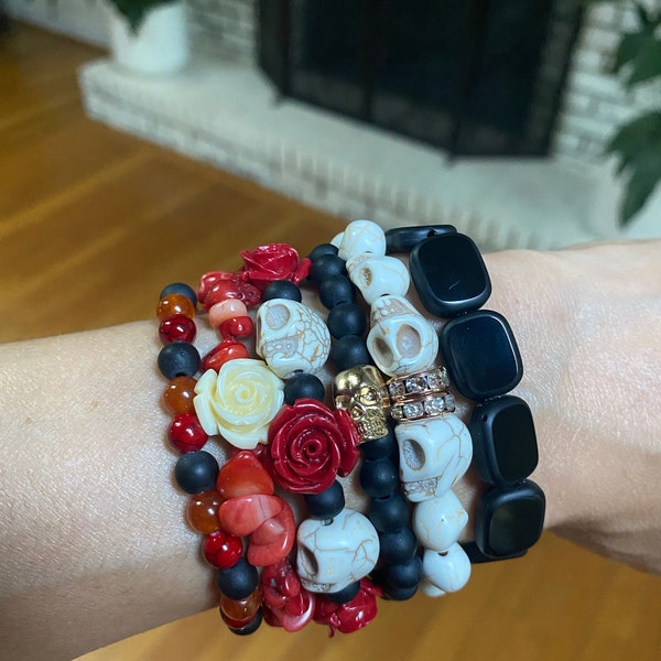 Halloween Skull Handmade Stretch Bracelet. Black/red/white Multilayer ...