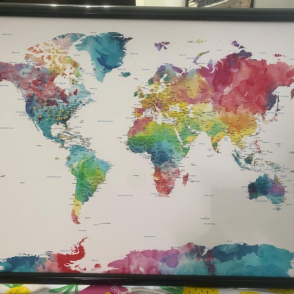 Pretty World Map, Pink and Blue, Large Colorful Wall Art, Personalized ...