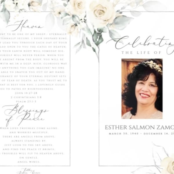Editable White Floral Geometric Funeral Program Template Celebrating ...