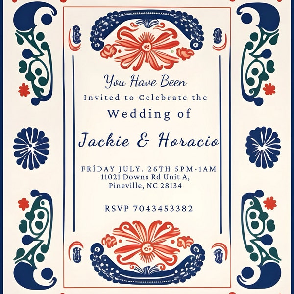 Blue & Red Talavera Tile Inspired Wedding Invite 5x7 - Elegant Digital ...