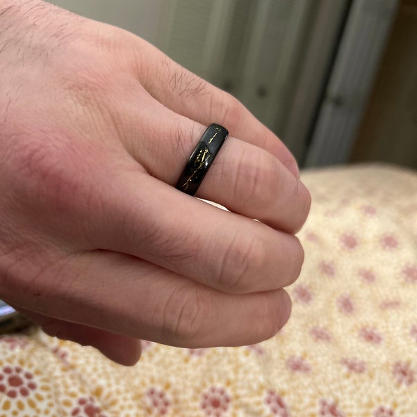 6mm Black Gold Leaf Tungsten Wedding Band, Mens and Womens Wedding Ring ...