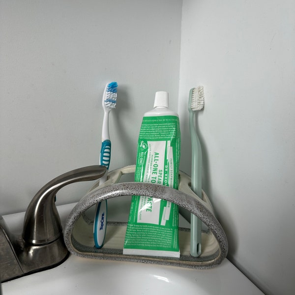 Toothbrush Toothpaste Holder Lapis Blue and Cappuccino Brown 2 Brushes ...