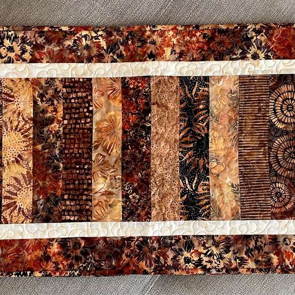 Quilted Batik Table Runner in Earth Tones With Blue, Modern Quilted ...