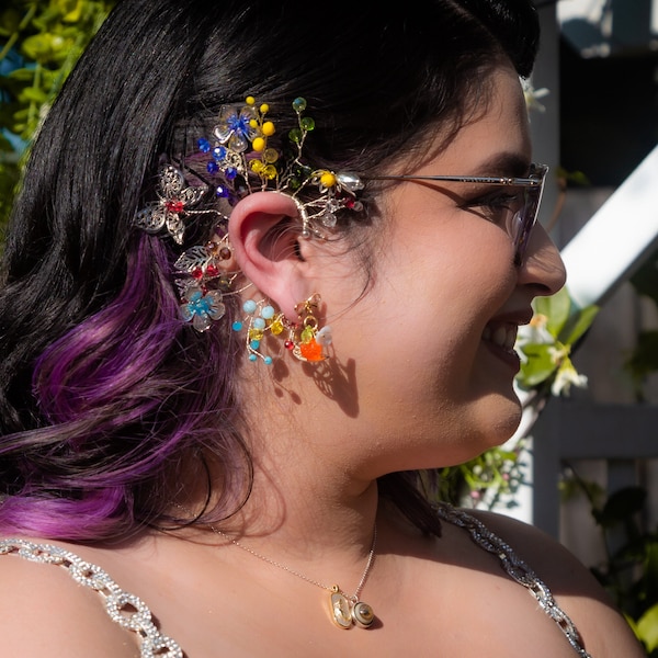 Rainbow Ear Cuff Colorful, Flower Elven Ear Cuff Gold, Bridal Butterfly ...