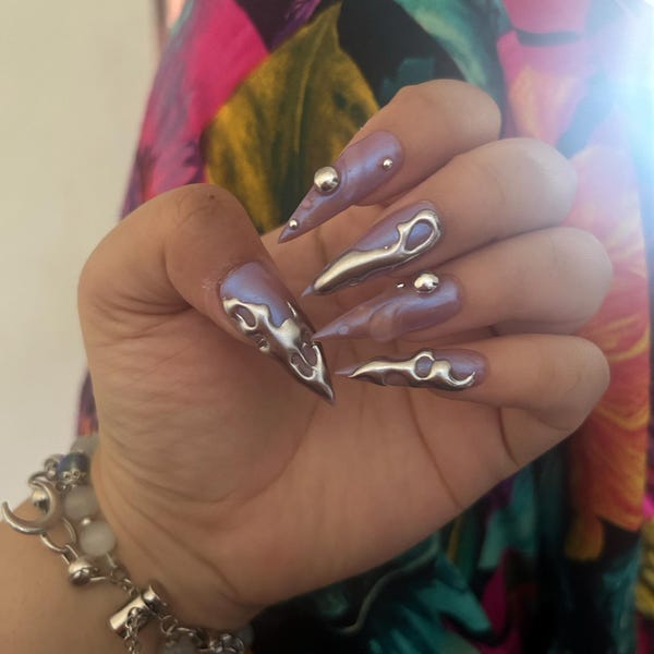 Custom Long Stiletto Metallic Silver Press on Nails - Free-style Goth ...