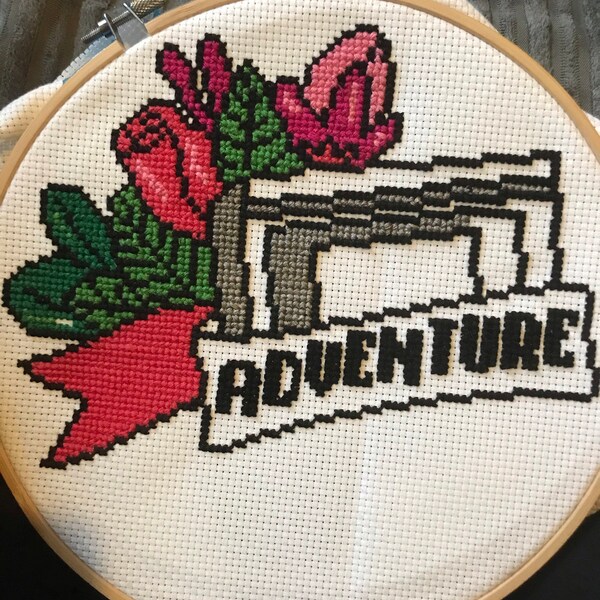 Game Adventure Cross Stitch Pattern, Floral Geeky Gamer Embroidery ...