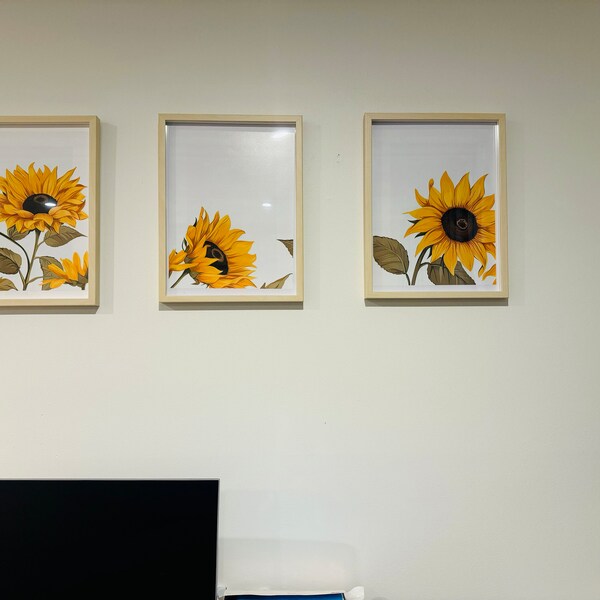 Sunflowers Wall Art Triptych | Botanical Print Set | Living Room Wall Art | Flower Illustrations ...