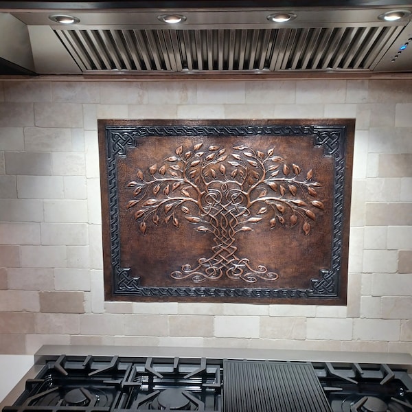 Hand Hammered Copper Tree of Life Backsplash, Celtic Kitchen Stove ...