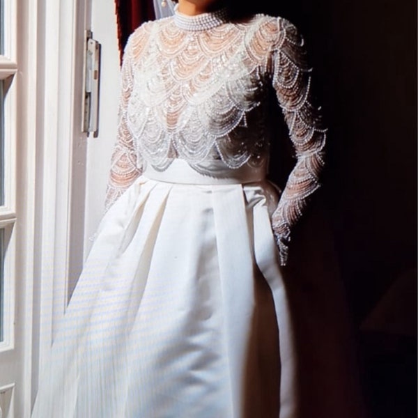 Pearl Beaded Sheer Tulle Pearl Topper/modern Bridal Top/white Pearls ...