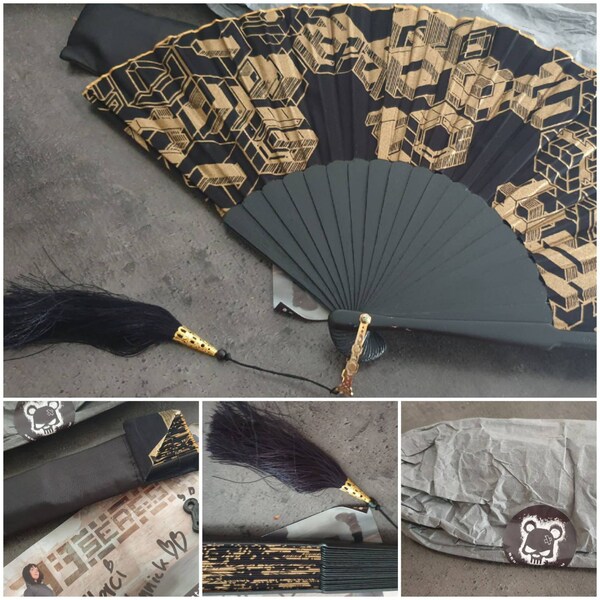 Black Hand Fan | Folding Hand Fans With Sacred Geometry | Fächer ...