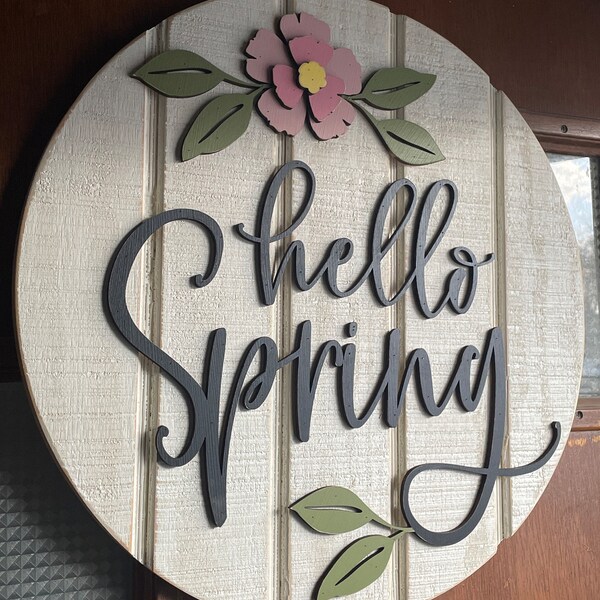 Hello Spring Door Hanger With Blush Pink Flower, Rustic Shiplap Front ...