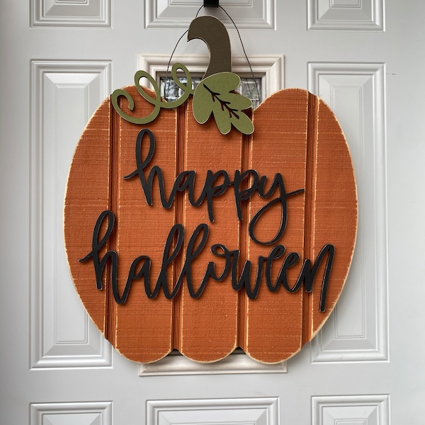 Happy Halloween Pumpkin Door Hanger, Fall Door Sign, Rustic Wood Sign ...
