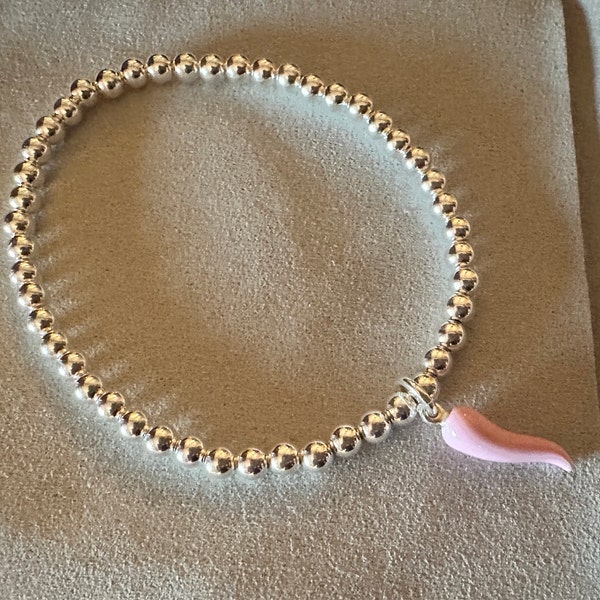 925 Sterling Silver Pink Cornetto, Italian Horn Bracelet, Malocchio ...
